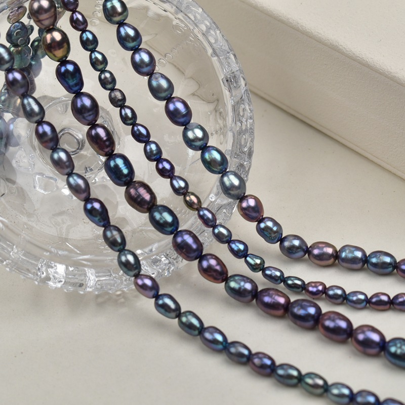 4-9mm Peacock Green Black Natural Rice Freshwater Pearls